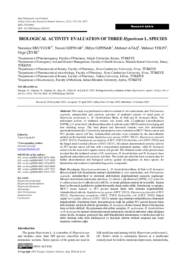 (PDF) BIOLOGICAL ACTIVITY EVALUATION OF THREE Hypericum L. SPECIES
