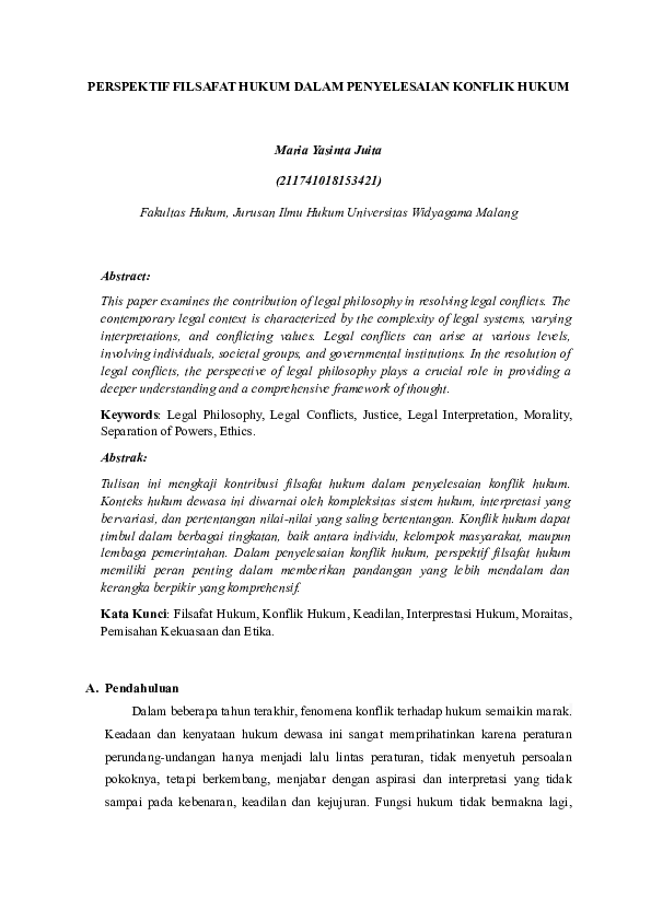 (DOC) PERSPEKTIF FILSAFAT HUKUM DALAM PENYELESAIAN KONFLIK HUKUM