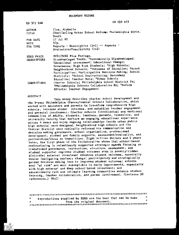 (PDF) Chart[er]ing Urban School Reform: Philadelphia Style. Draft