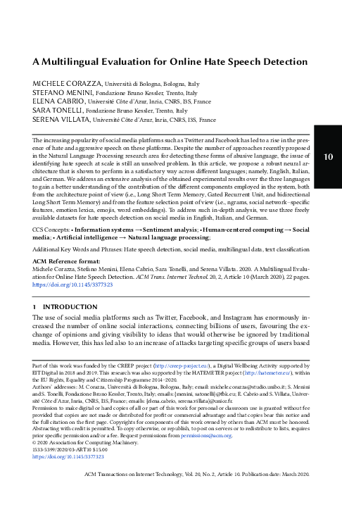 Pdf A Multilingual Evaluation For Online Hate Speech Detection