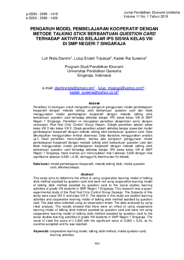 (PDF) Pengaruh Model Pembelajaran Kooperatif Dengan Metode Talking Stick Berbantuan Question ...