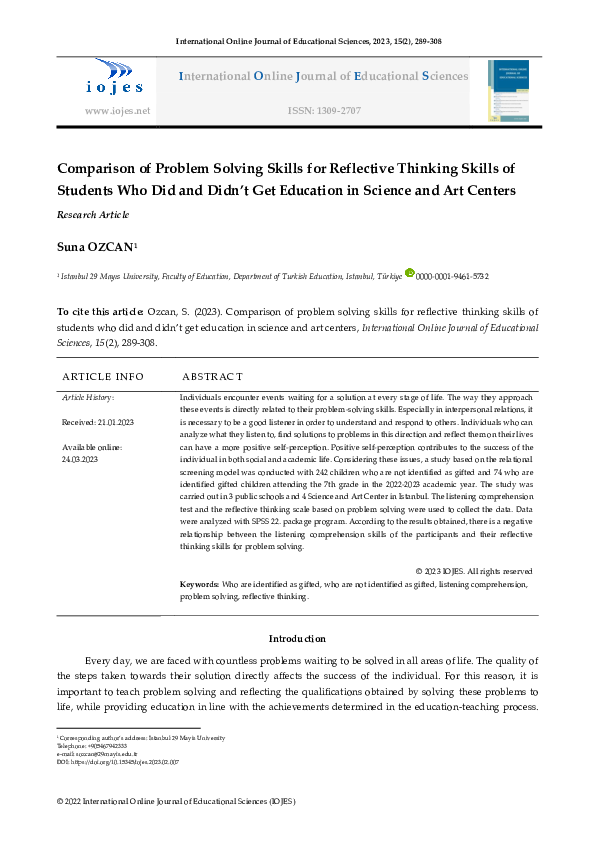 (PDF) Comparison of Problem Solving Skills for Reflective Thinking Skills of Students Who Did ...