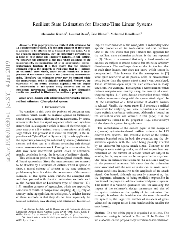 (PDF) Resilient State Estimation for Discrete-Time Linear Systems