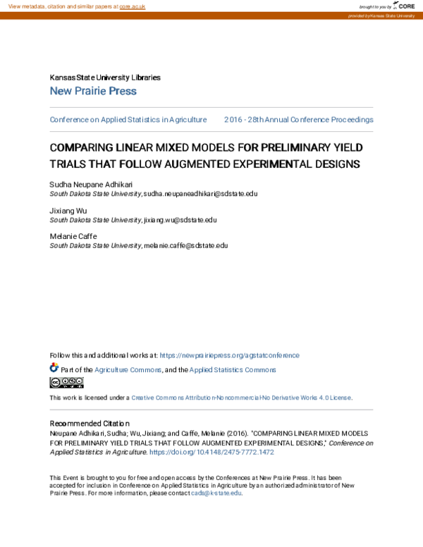 (PDF) Comparing Linear Mixed Models for Preliminary Yield Trials That ...