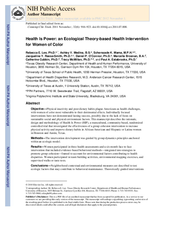 (PDF) Health is power: An ecological, theory-based health intervention ...
