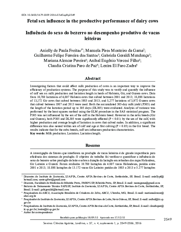 Pdf Fetal Sex Influence In The Productive Performance Of Dairy Cows