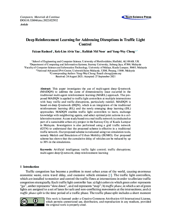 (PDF) Deep Reinforcement Learning for Addressing Disruptions in Traffic Light Control | FAIZAN ...