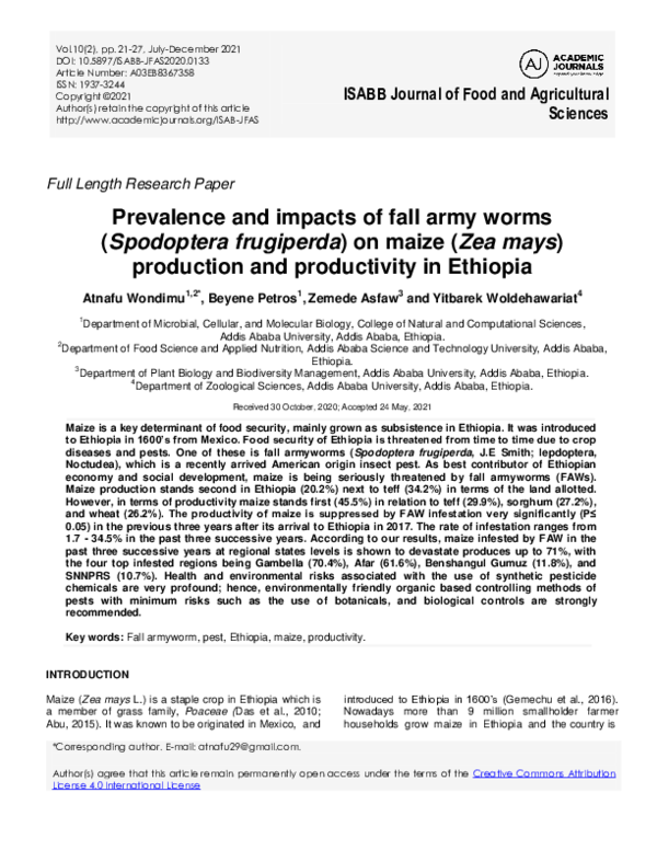 (PDF) Prevalence and impacts of fall army worms (Spodoptera frugiperda ...