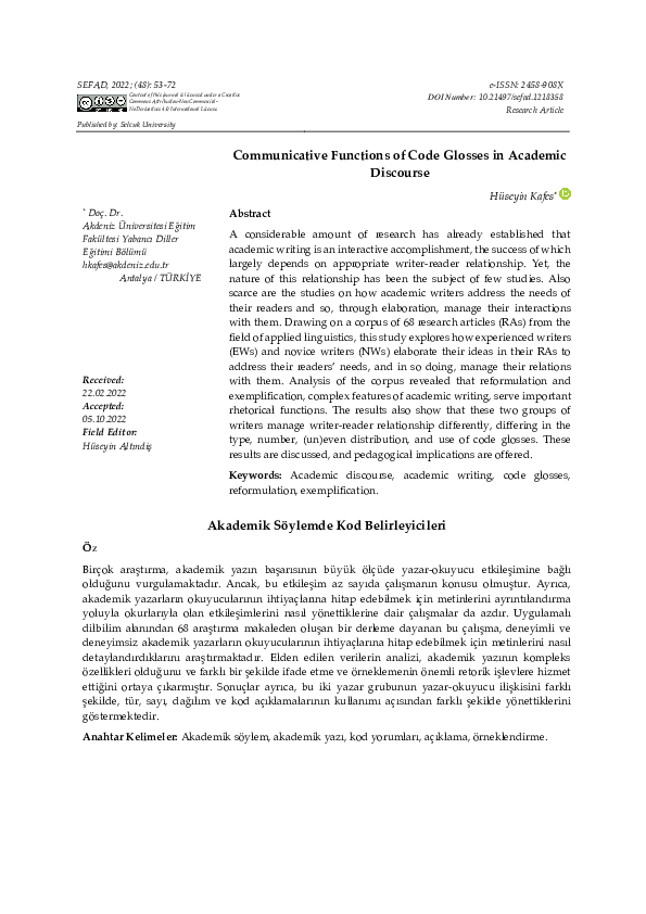 (PDF) (48/4) Communicative Functions of Code Glosses in Academic Discourse