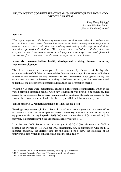 (PDF) Study On The Computerization Management Of The Romanian Medical ...
