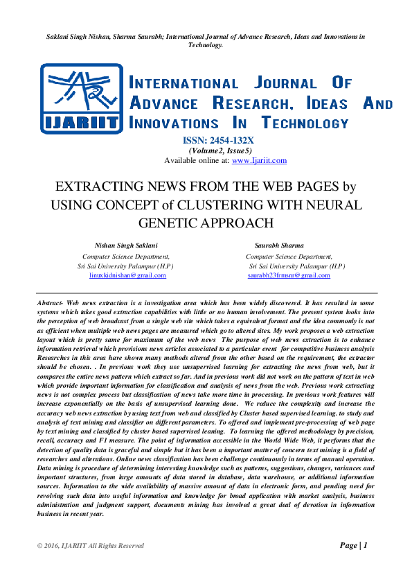 (PDF) Extracting News from the Web Pages by using Concept of Clustering with Neural Genetic Approach