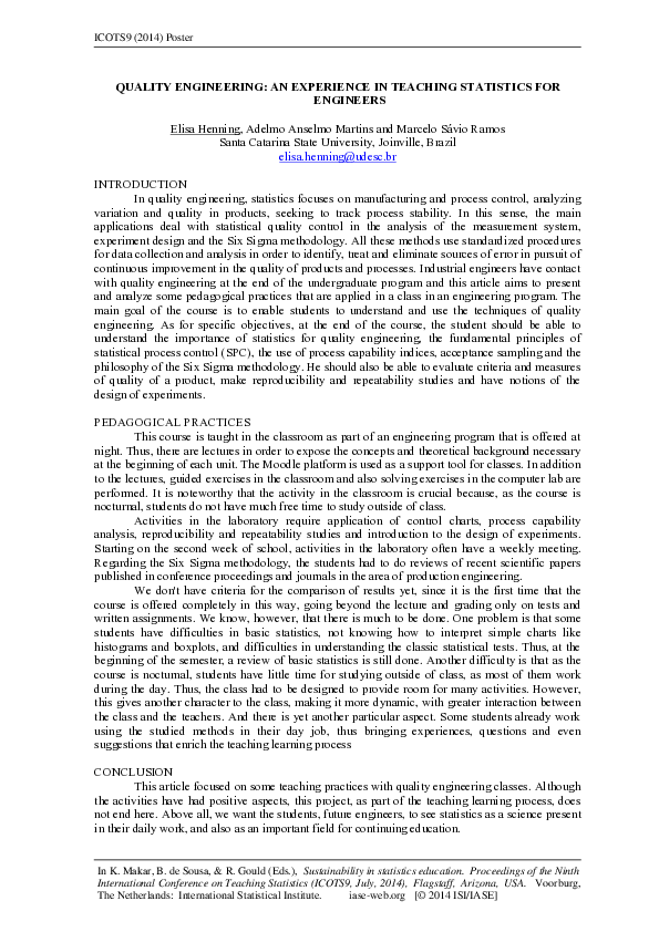 (PDF) Quality Engineering: An Experience in Teaching Statistics for ...