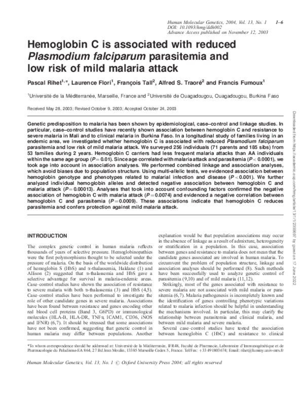 Hemoglobin C is associated with reduced Plasmodium falciparum ...