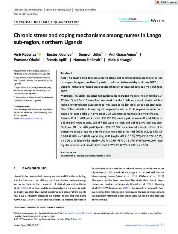 (PDF) Chronic stress and coping mechanisms among nurses in Lango sub ...