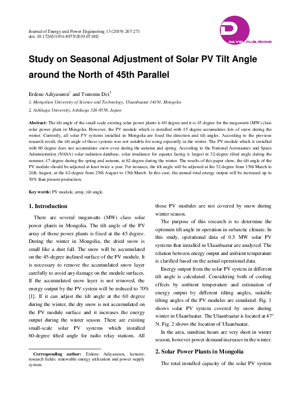 (PDF) Optimization of Solar PV System and Analysis of Tilt Angle