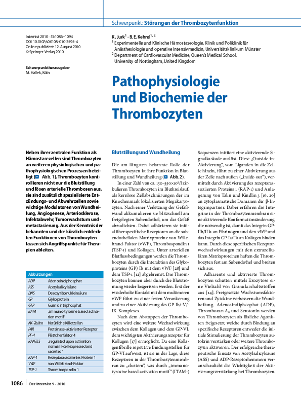 (PDF) Pathophysiologie und Biochemie der Thrombozyten | K. Jurk ...