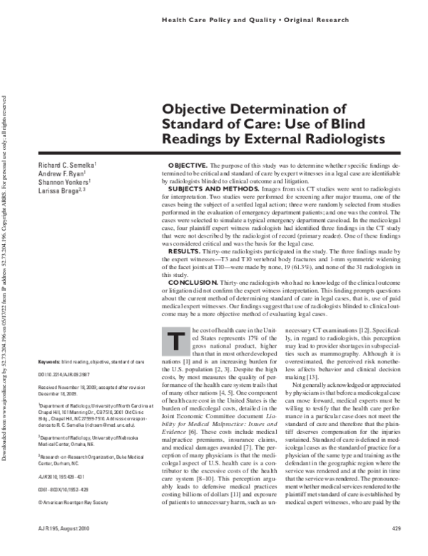 (PDF) Objective Determination of Standard of Care: Use of Blind ...