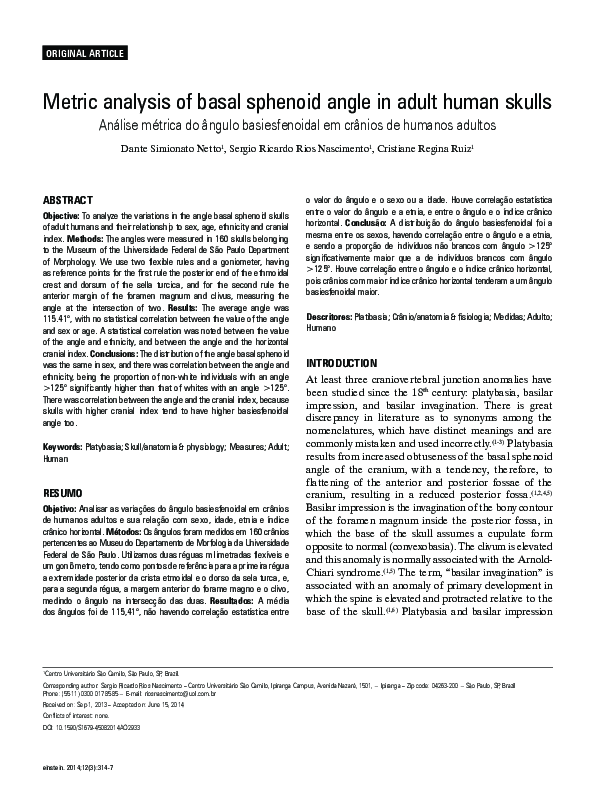 (PDF) Metric analysis of basal sphenoid angle in adult human skulls