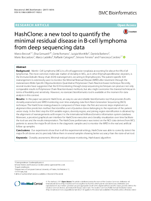 (PDF) HashClone: a new tool to quantify the minimal residual disease in B-cell lymphoma from ...