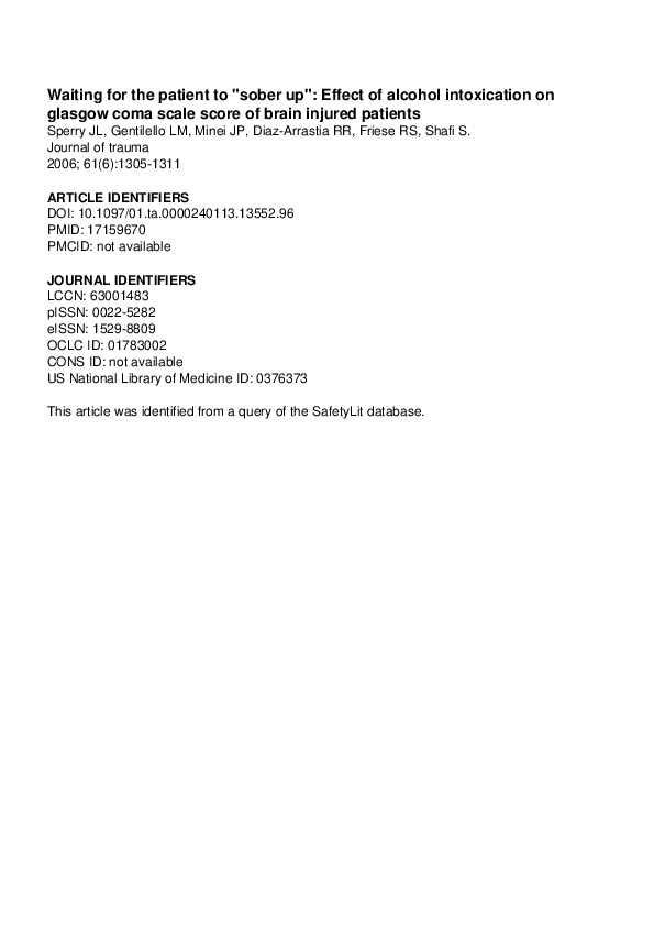 (PDF) Waiting for the Patient to ???Sober Up???: Effect of Alcohol Intoxication on Glasgow Coma ...