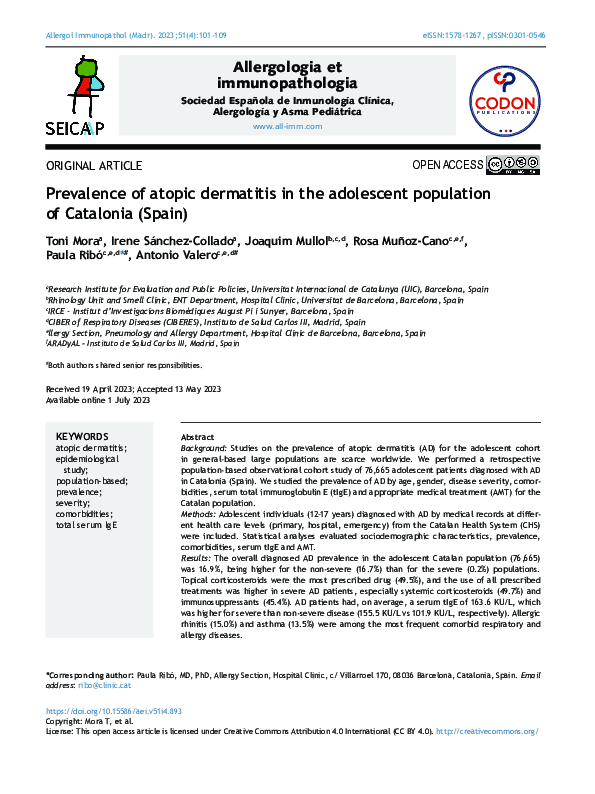 (PDF) Prevalence of Atopic Dermatitis in the adolescent population of ...