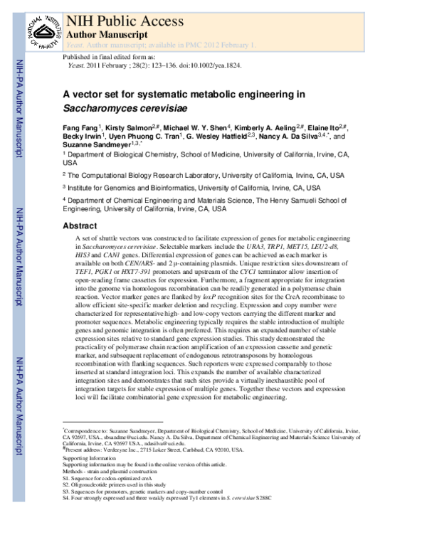 (PDF) A vector set for systematic metabolic engineering in Saccharomyces cerevisiae