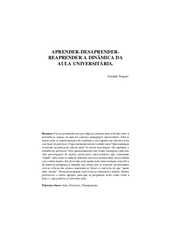 (PDF) Aprender-desaprender-reaprender a dinâmica da aula universitária