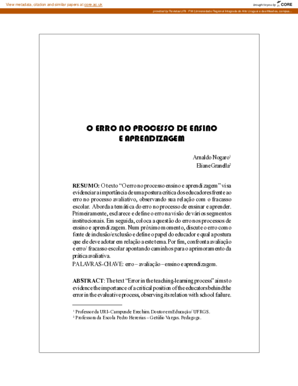 (PDF) O Erro No Processo De Ensino e Aprendizagem