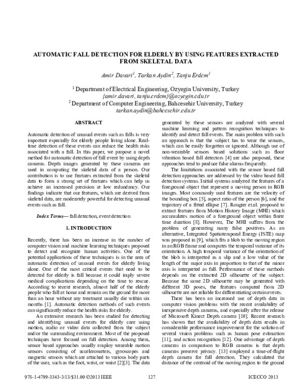 (PDF) Automatic fall detection for elderly by using features extracted from skeletal data | amir ...