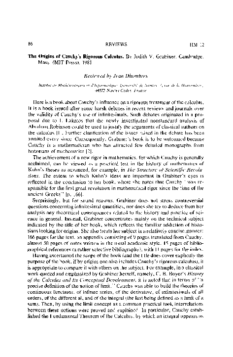 (PDF) The origins of Cauchy's rigorous calculus