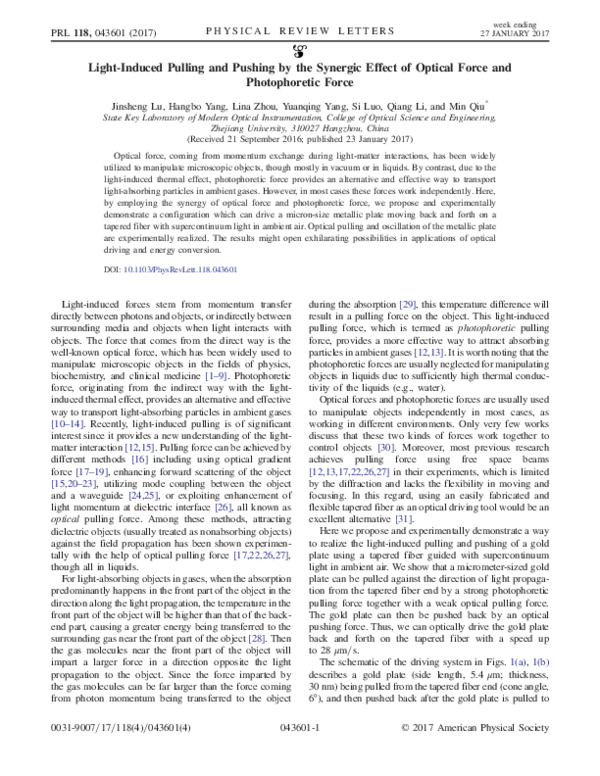 (PDF) Light-Induced Pulling and Pushing by the Synergic Effect of Optical Force and ...