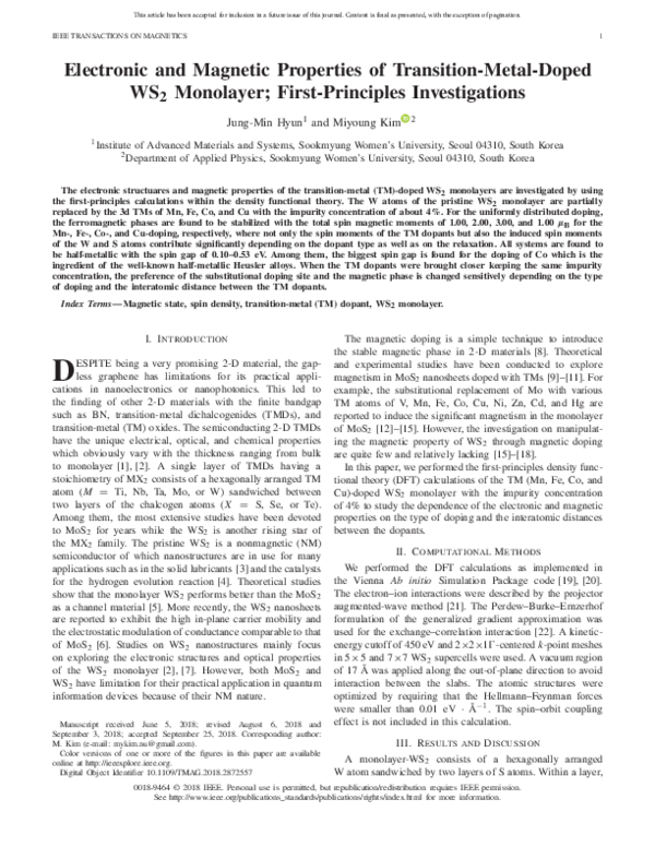 (PDF) Electronic and Magnetic Properties of Transition Metal‐Doped MoS2 Monolayer: First ...