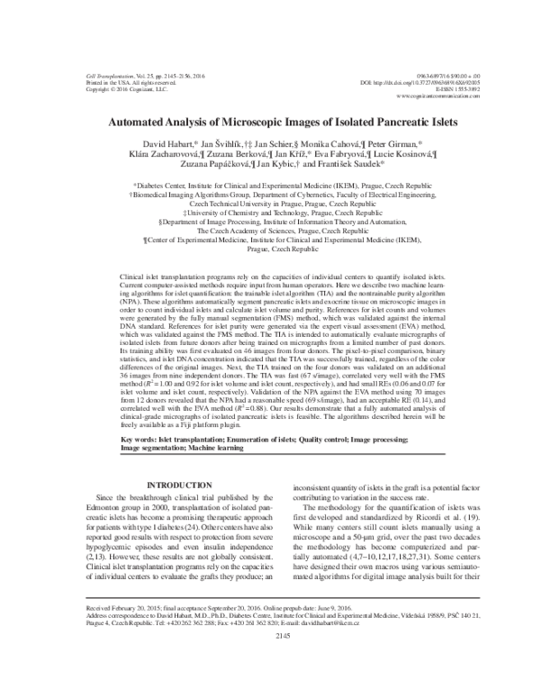 (PDF) Automated Analysis of Microscopic Images of Isolated Pancreatic Islets