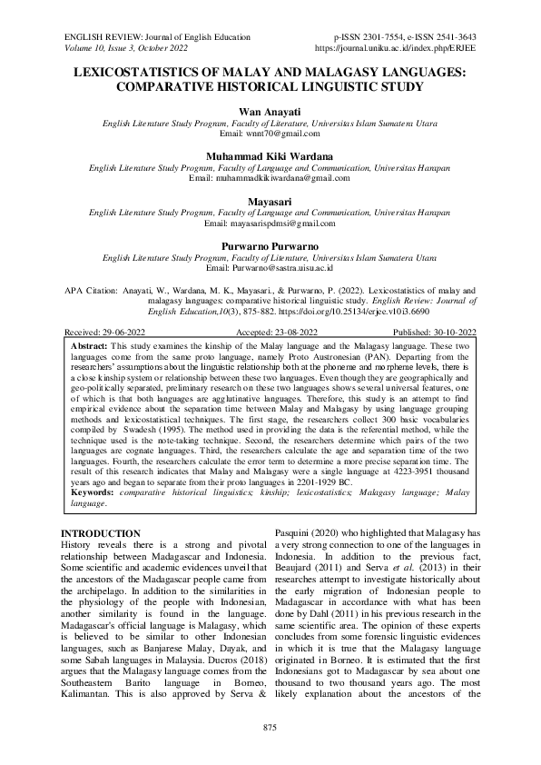 (PDF) Lexicostatistics of Malay and Malagasy Languages: Comparative ...