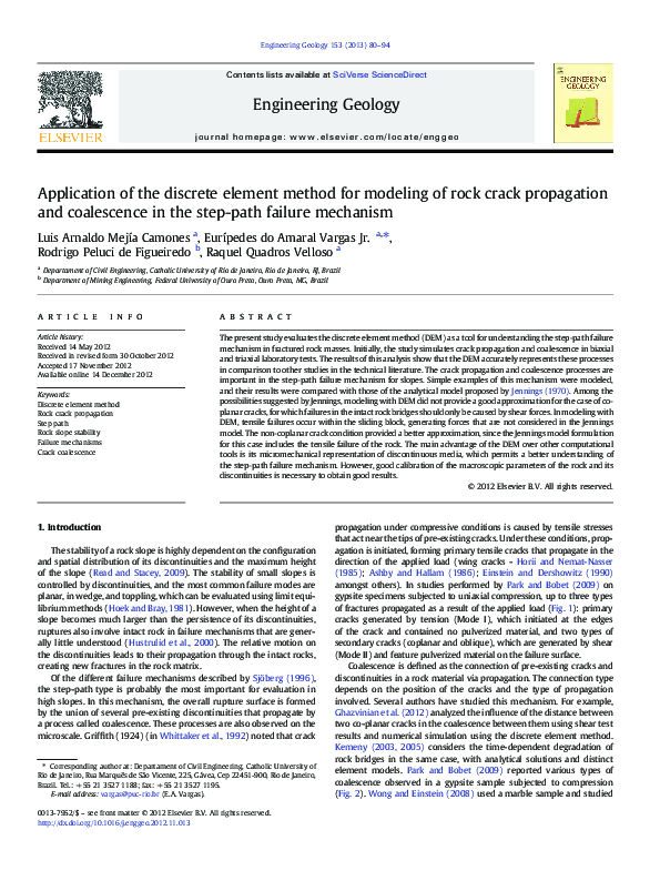 (PDF) Application of the discrete element method for modeling of rock crack propagation and ...