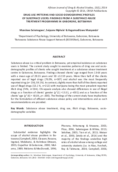 (PDF) Drug Use Patterns and Socio-Demographic Profiles of Substance Users: Findings from a ...