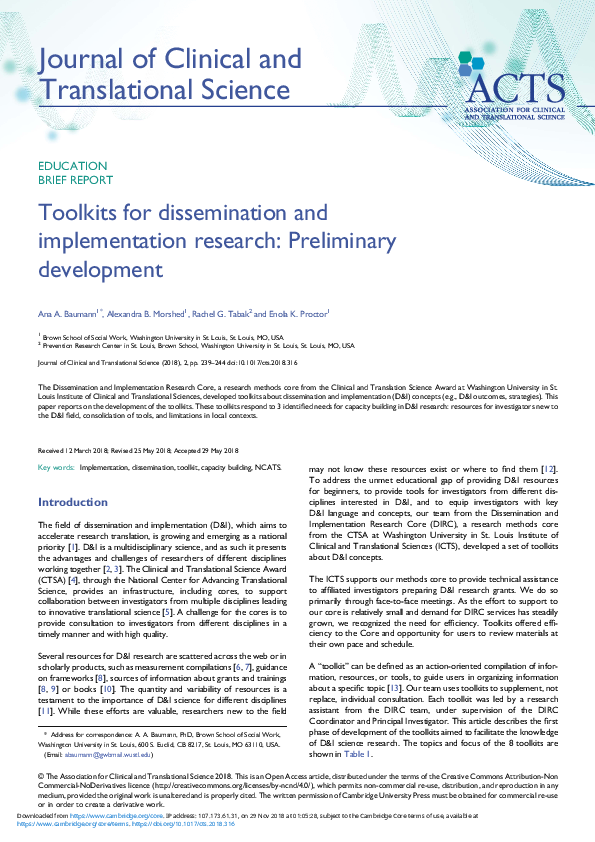(PDF) Toolkits for dissemination and implementation research ...