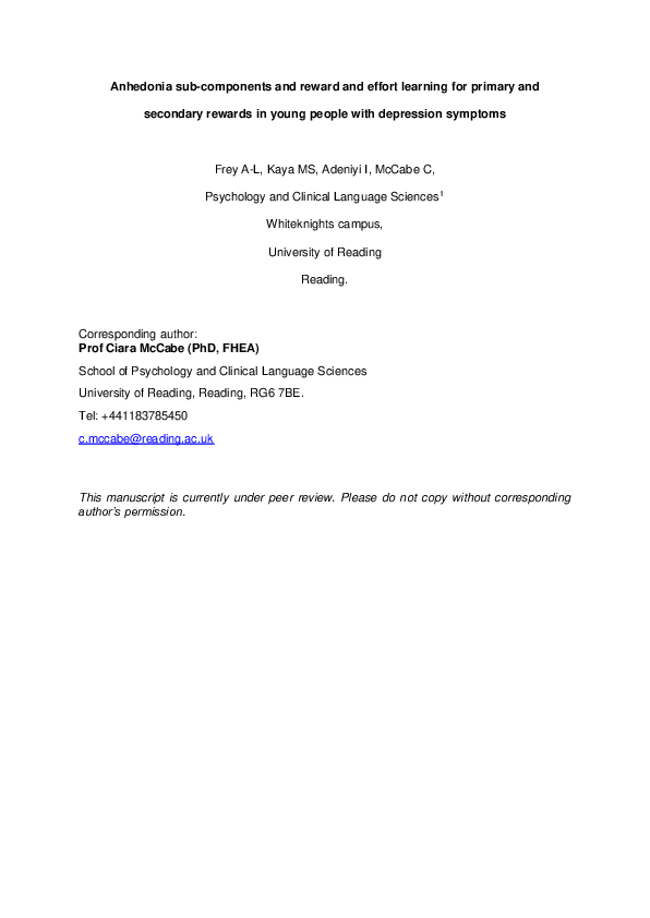 (PDF) Anhedonia sub-components and reward and effort learning for ...