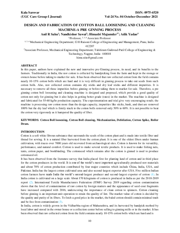 (PDF) DESIGN AND FABRICATION OF COTTON BALL LOOSENING AND CLEANING ...