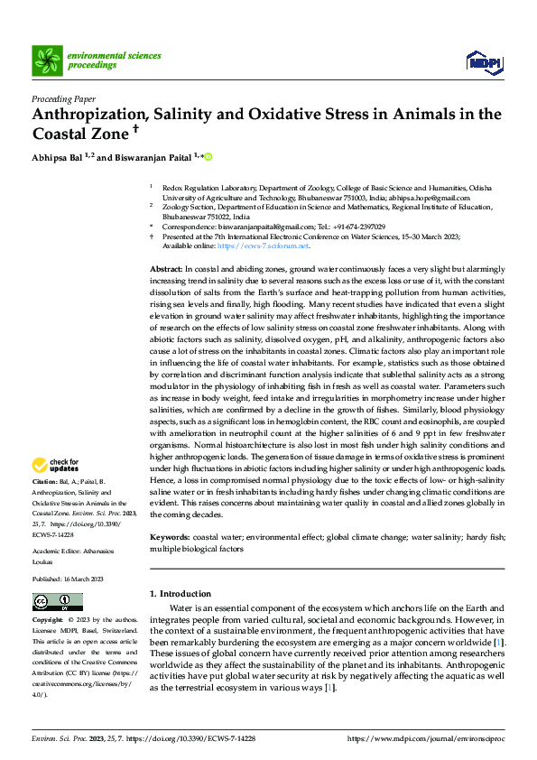 (PDF) Anthropization, Salinity and Oxidative Stress in Animals in the ...