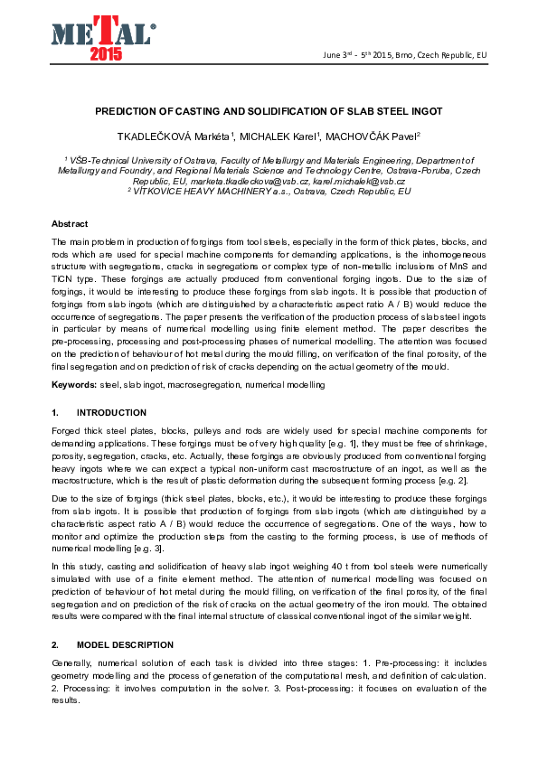 (PDF) Prediction of Casting and Solidification of Slab Steel Ingot