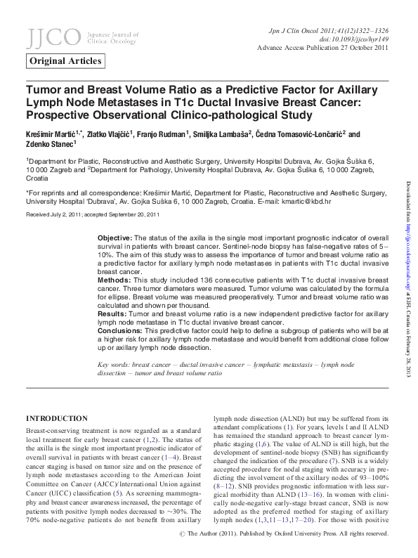 (PDF) Tumor and Breast Volume Ratio as a Predictive Factor for Axillary Lymph Node Metastases in ...