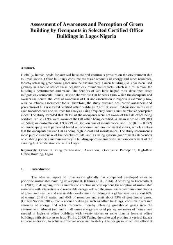 (PDF) Assessment of Awareness and Perception of Green Building by ...