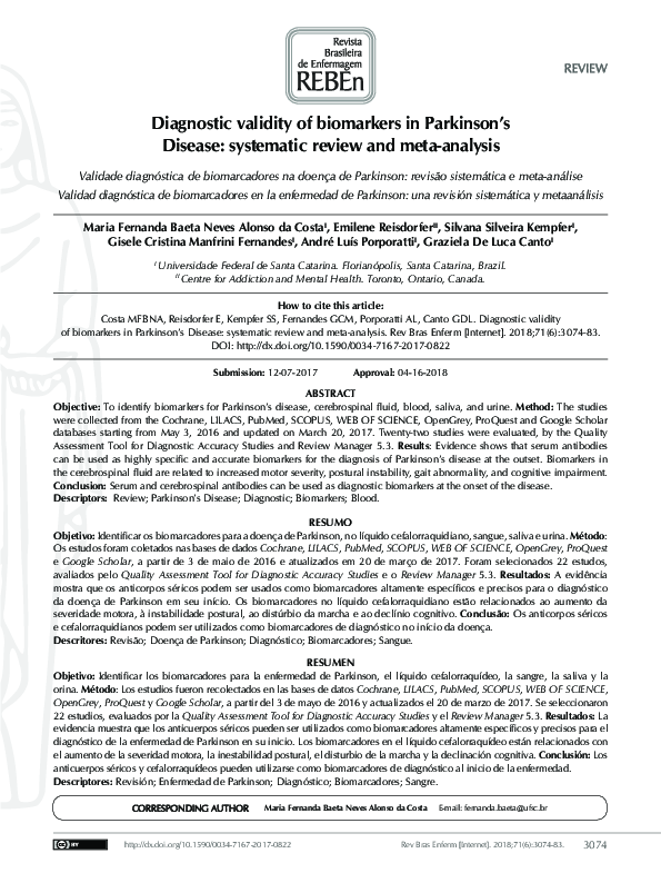 (PDF) Diagnostic validity of biomarkers in Parkinson’s Disease: systematic review and meta-analysis