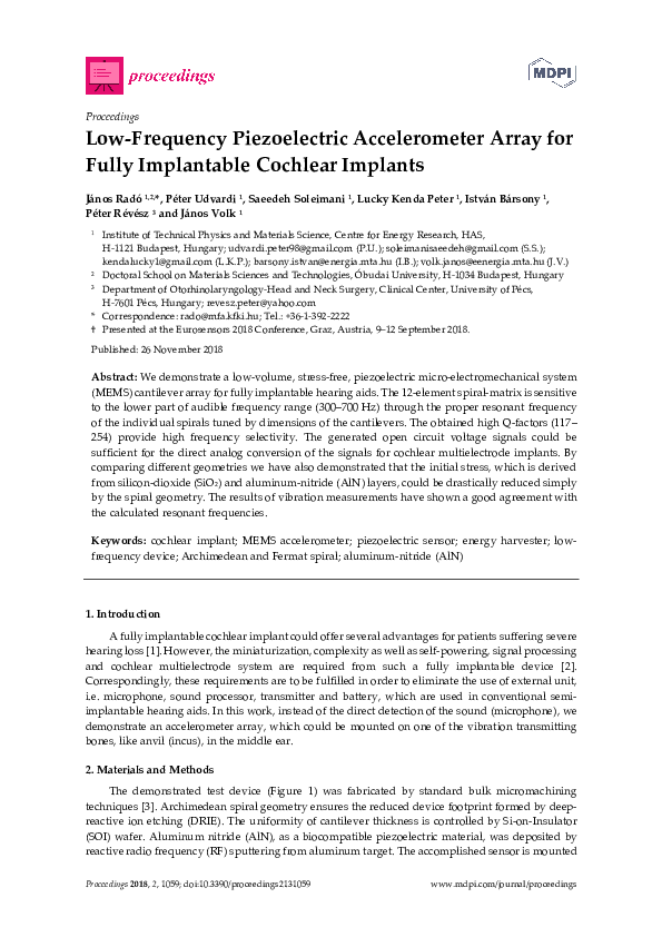 (PDF) Low-Frequency Piezoelectric Accelerometer Array for Fully Implantable Cochlear Implants