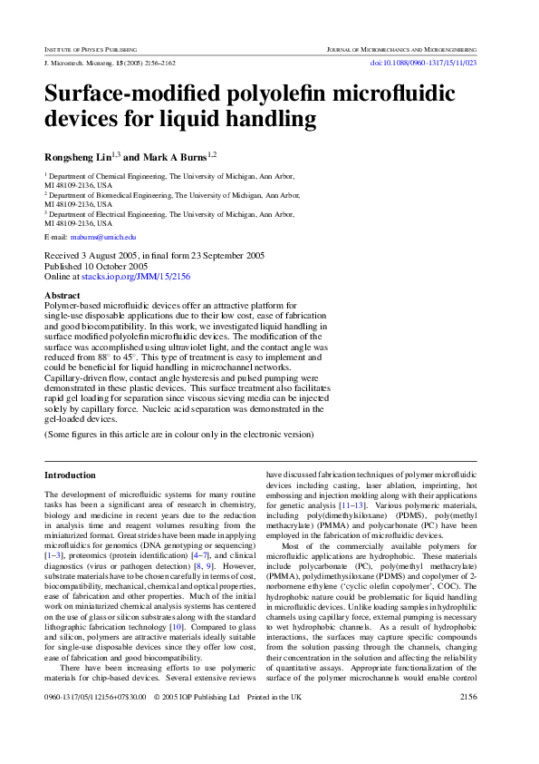 (PDF) Surface-modified polyolefin microfluidic devices for liquid handling | Mark Burns ...