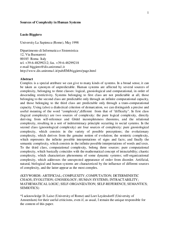 (PDF) 1 Sources of Complexity in Human Systems