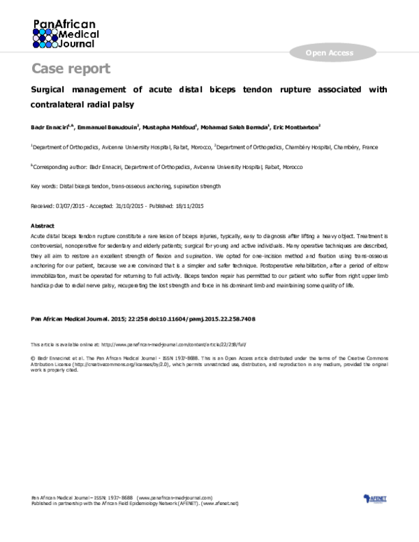 (PDF) Surgical management of acute distal biceps tendon rupture ...
