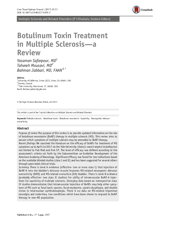 (PDF) Botulinum Toxin Treatment in Multiple Sclerosis—a Review