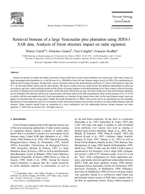 (PDF) Retrieval biomass of a large Venezuelan pine plantation using JERS-1 SAR data. Analysis of ...